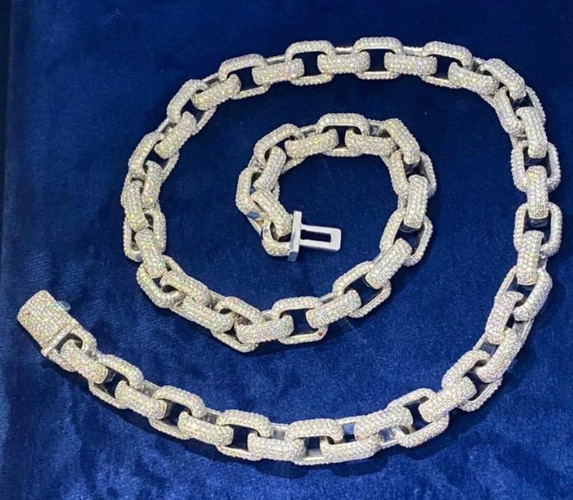 12MM White Gold Round Moissanite Linking Design Cuban Link Chain Neckl ...