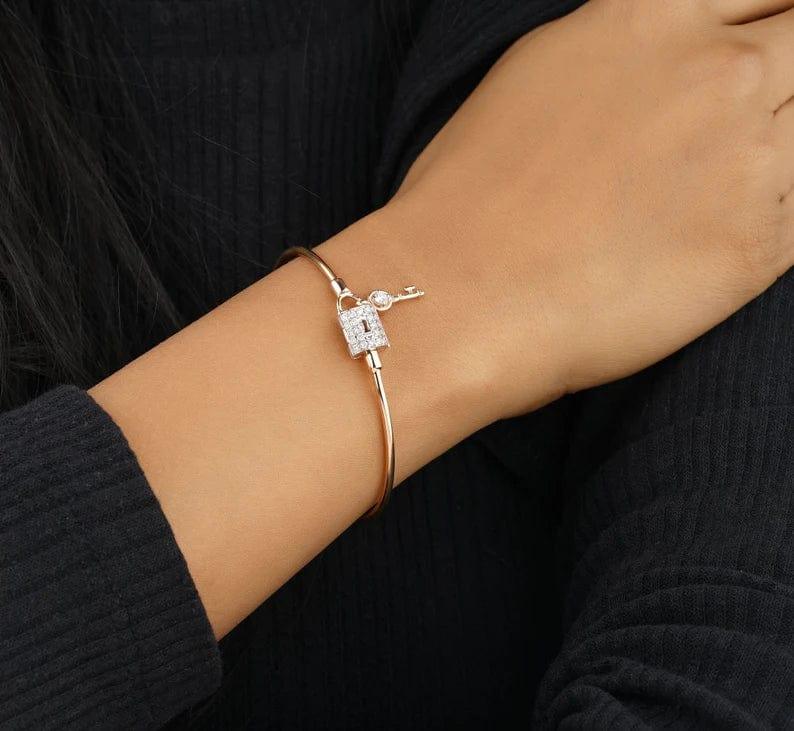 14k Solid Gold Lock and Key Charm Bangle Bracelet