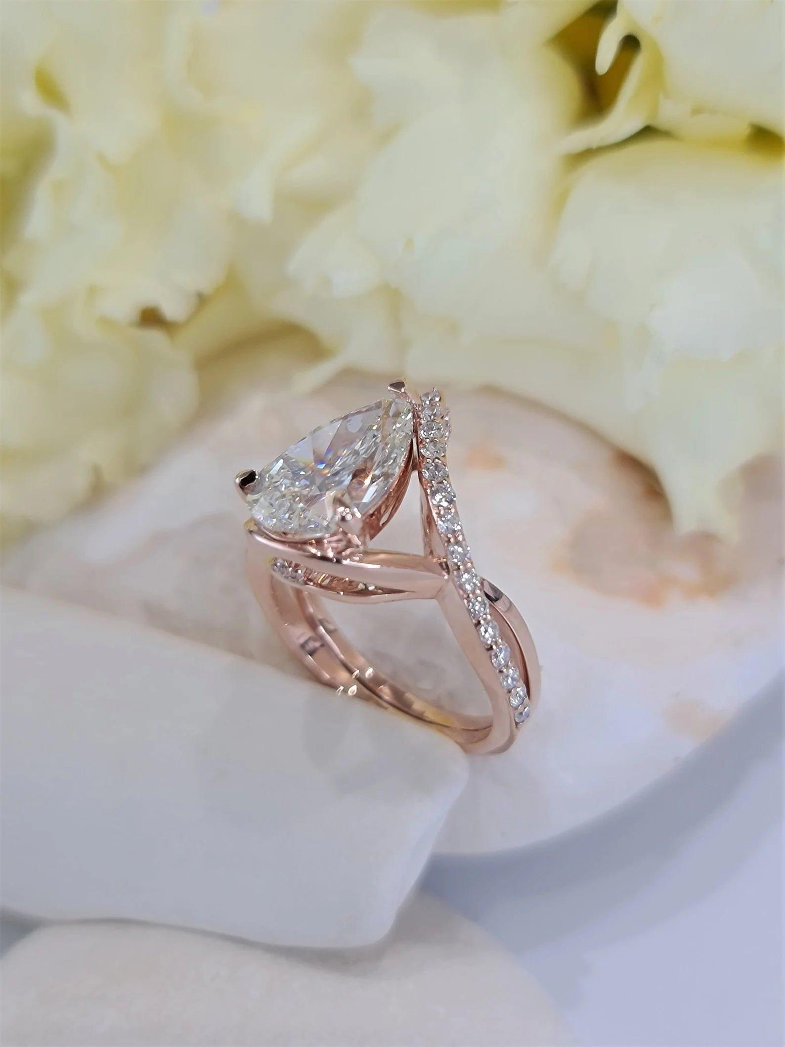 2Ct Pear Shaped Split Shank Moissanite Diamond Engagement Ring